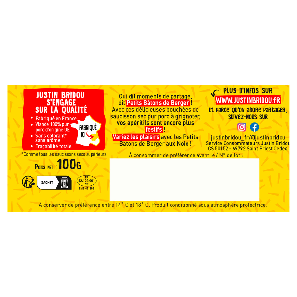 Petits Bâton de Berger Justin Bridou Nature 100g